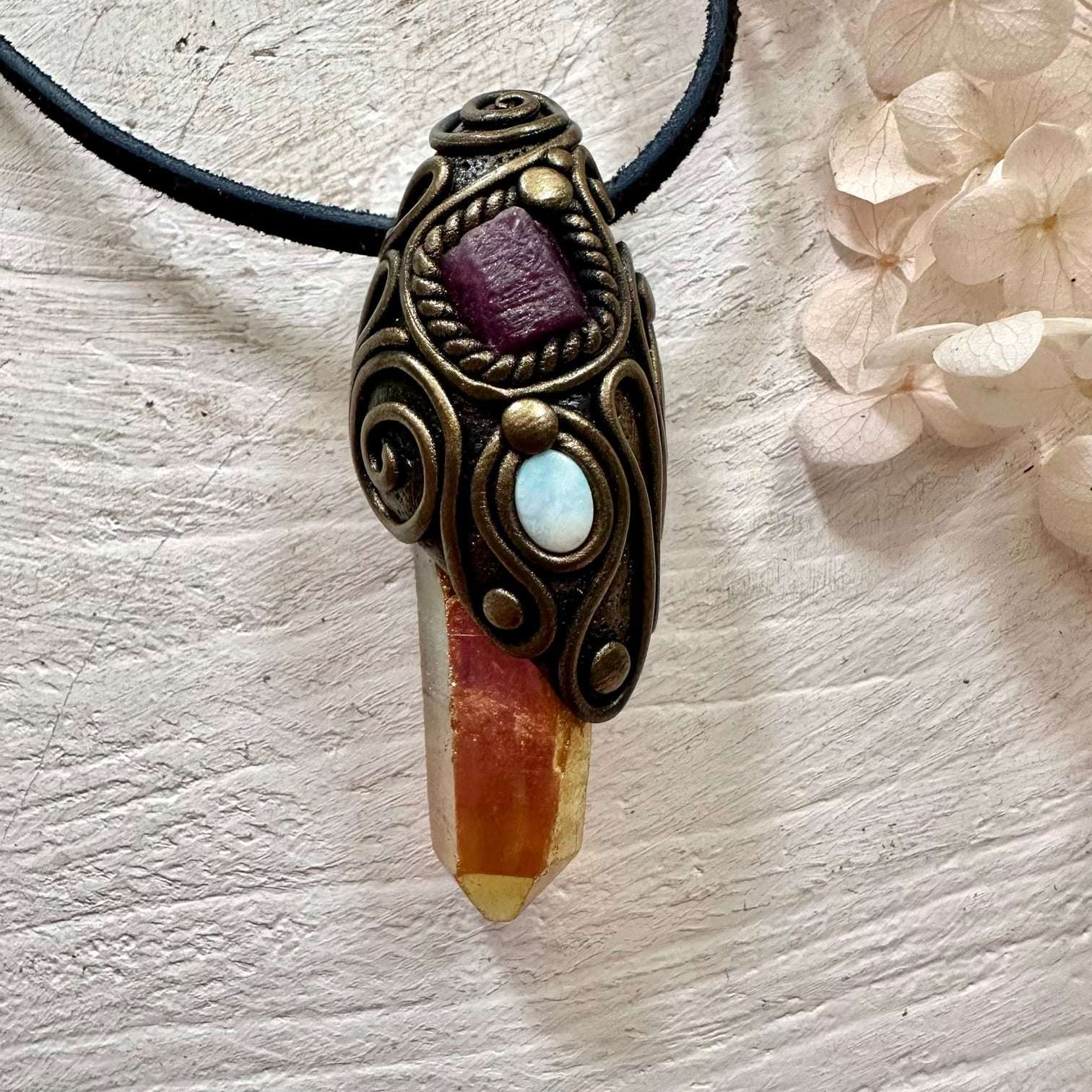 Sunset Aura Quartz Ruby and Australian Opal Necklace
