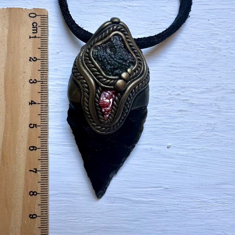 Black Obsidian Arrowhead Moldavite and Vanadinite Pendant Necklace, He