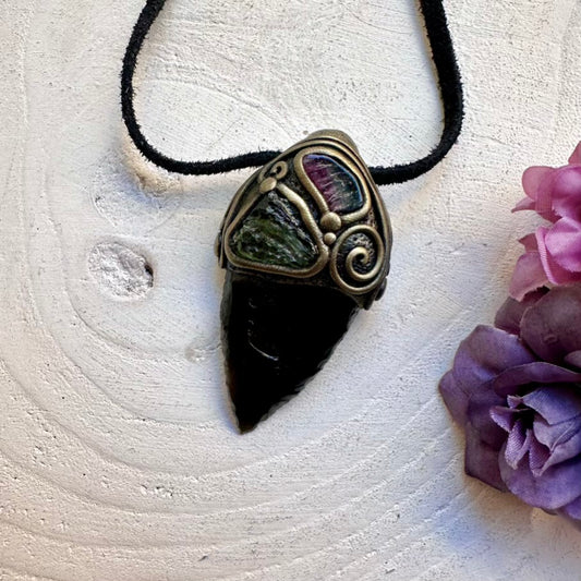Black Obsidian Arrowhead with Moldavite and Bi Color Tourmaline Pendant